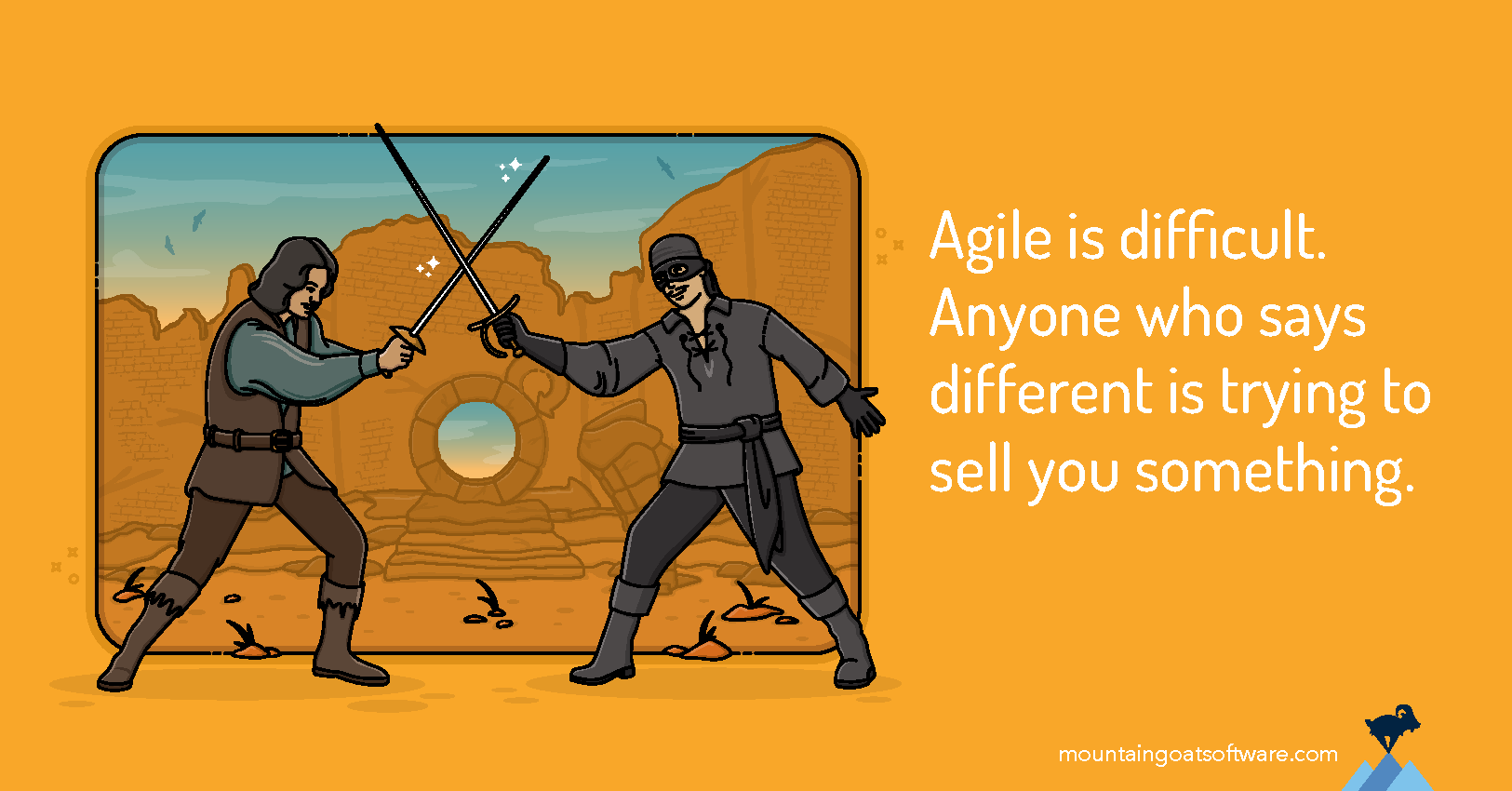 Two characters from The Princess Bride battle with swords. Next to them ...